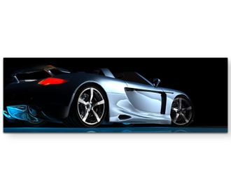 Paul Sinus Art Leinwandbilder | Bilder Leinwand 150x50cm grauer Sportwagen vor schwarzem Hintergrund