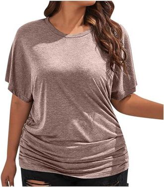 Generic Chemise unie à manches courtes pour femme, coupe classique, grande taille, col rond, manches courtes, t-shirt basique, doux, léger et confortable, vêt