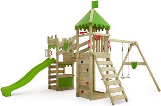 Fatmoose Spielturm Ritterburg RiverRun Royal mit Schaukel & Rutsche, Outdoor Kinder Kletterturm mit Sandkasten Leiter & Spiel-Zubehör für den Garten (apfelgrün