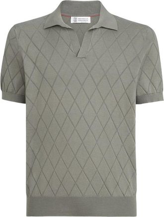 Brunello Cucinelli Cotton Textured Argyle Lightweight Knit Polo Shirt