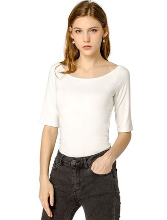 Allegra K Damen Halbarm Shirt Bluse Rundhals Slim Fit T-Shirt Einfarbig Basic Oberteil Beige XS