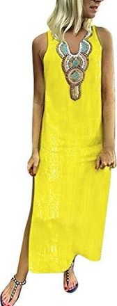 Generic AMDOLE Robe d&eacute;t&eacute; d&eacute;contract&eacute;e pour femme avec poches - Ourlet fendu - Longue - Imprim&eacute; - Sans manches - Col en V - Caftan - Robe maxi pour femme - Rob