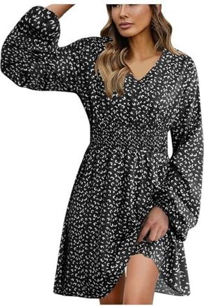 Generic Robe amincissante &agrave; pois pour femme, col en V, manches longues, taille pliss&eacute;e, jupe ajust&eacute;e, Noir, XXL