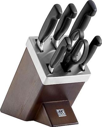Zwilling Bloc de Couteaux SharpBlock (7 pièces) avec Affûteur Intégré, Bloc Brun en Bois de Frêne, Couteaux/Ciseaux, Acier Inoxydable, Manche Noir, série Four 