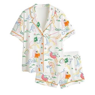 Generic Ensemble de pyjama 2 pièces pour femme, ensemble de pyjama boutonné en satin, short à manches courtes, motif animaux, 9 / Ensembles, XXL