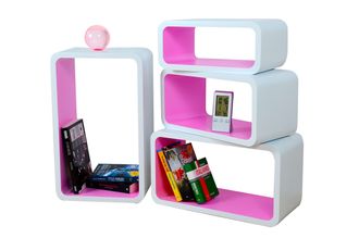 Cube Verstärkte Vielen Farben MDF Retro Design Cube 4er Set Regal Regale Wandregal Deko Würfel CD DVD Lounge Cuben LO01 (Weiß/Rosa)