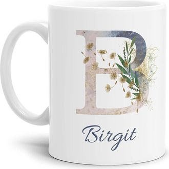 Tassendruck Tasse mit Buchstabe B und Blumen - mit Name personalisiert - Initiale, Namens-Tasse, Buchstaben Tasse, Geschenk I Keramik Weiß matt, 300 ml