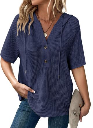 Dokotoo Damen Sommer Hoodie Oberteile Waffel Kurzarm Kapuzenpullover Tunika Oberteil Pullover Kordelzug Sweatshirt Einfarbig Sweatshirts Frauen L&auml;ssig Tops T-