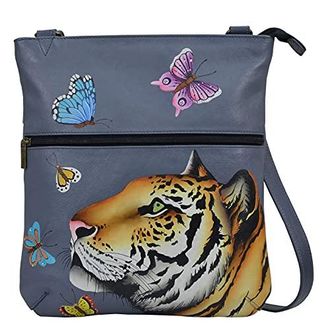 Anuschka Womens Hand-Painted Leather Slim Cross Shoulder Bag, Sac à bandoulière Fin en Cuir véritable pour Femme, Royal Tiger, Taille Unique