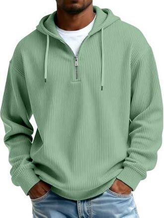 Generic Pull à capuche texturé côtelé à manches longues pour homme avec fermeture éclair 1/4 pour homme, grande et grande taille, vert clair, 4XL
