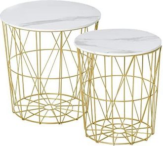 HOMCOM Lot de 2 Tables Basses gigognes - Tables dappoint Rondes encastrables Style n&eacute;o-r&eacute;tro Bicolore Structure m&eacute;tal dor&eacute; Plateau MDF Aspect marbre Blanc