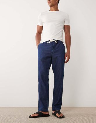 Mango Pantalon aspect denim en lin m&eacute;lang&eacute; avec cordon de serrage - Bleu