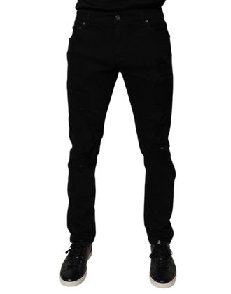 Dolce & Gabbana Black Tattered Cotton Skinny Men Denim Jeans Elastane Clothing