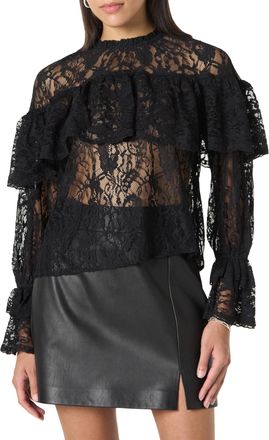 The Drop Miriam Feminine Ruffle Yoke Shine Blouse Blusen, Schwarz, XXL