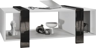 Vladon Couchtisch Ida 110,5 x 42 x 56,5 cm Wohnzimmertisch mit DREI Fächern, Korpus in Weiß matt, Blenden in Schwarz Hochglanz | Große Farbauswahl