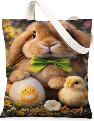 Generic Sacs fourre-tout en toile florale de P&acirc;ques, motif lapin poussin, sacs de courses r&eacute;utilisables, l&eacute;gers et lavables avec bandouli&egrave;re printani&egrave;re, mult