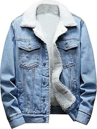 Generic Veste en jean pour homme avec doublure en polaire - Manteau dhiver chaud et tendance en fausse fourrure - Veste en jean d&eacute;contract&eacute;e, bleu clair, XXL