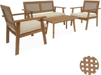 Sweeek Garten-Essgruppe aus Holz und Rohrgeflecht, 4 Sessel Natur / Beige