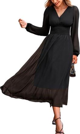 Cupshe Robe longue &agrave; manches longues et col en V pour femme, taille smock&eacute;e, &eacute;l&eacute;gante, cocktail, mariage, Noir/blanc, L