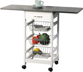 KESPER Kesper Chariot de Cuisine Mobile avec Plan de Travail Pliable, 3 étages, tiroir, paniers pliés, env. 100 cm, Bois FSC Blanc/Gris