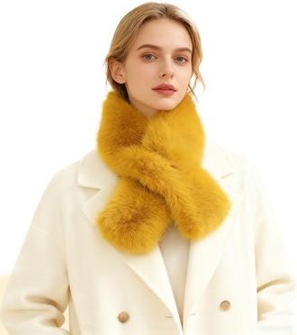 Lina & Lily &Eacute;charpe Col Femme Hiver avec Fente en Fausse Fourrure Poils Longs (Jaune Moutarde)