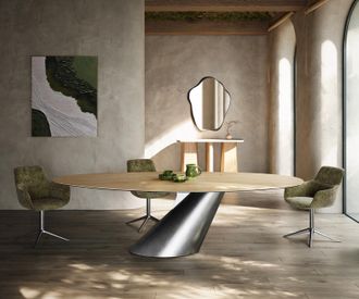 DELIFE Esstisch Edge Oval 280x130 Keramik Laminam Sabbia Eichefarbig Cono Metallic Silber, Esstische