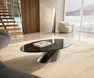 DELIFE Couchtisch Edge Oval 140x80 cm Keramik Emperador Extra Lucidato Dunkelbraun Conis Edelstahl geb&uuml;rstet, Couchtische