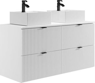 Vente-Unique Meuble de salle de bain suspendu strié avec vasque à poser carrée - Blanc mat - 120 cm - ZEVINI