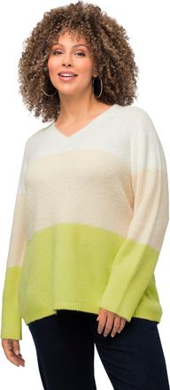 Ulla Popken Damen große Größen Übergrößen Plus Size Pullover, Blockstreifen, V-Ausschnitt, Langarm limettengrün 54+ 823750403-54+