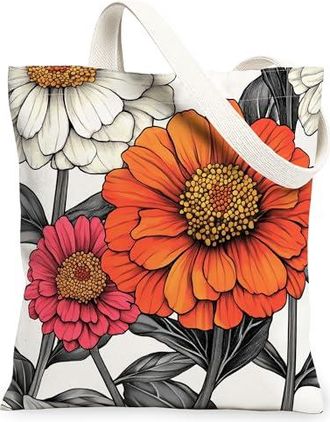 Generic Spring Zinnia Sac fourre-tout en toile pour faire du shopping 33 x 38,1 cm, simple et mignon, motif floral, r&eacute;utilisable, sac d&eacute;picerie pour femme, pe
