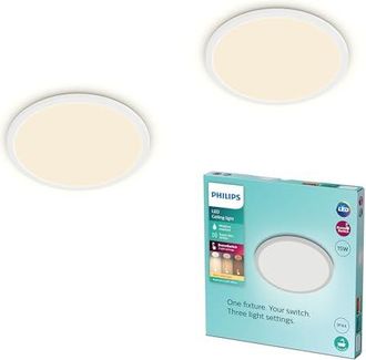 Philips LED Badezimmer Deckenleuchte Superslim (15 W), 3 Lichteinstellungen, warmwei&szlig;es Licht, dimmen ohne Dimmer, IP44 Schutz, wei&szlig;, 25cm, 2erPack