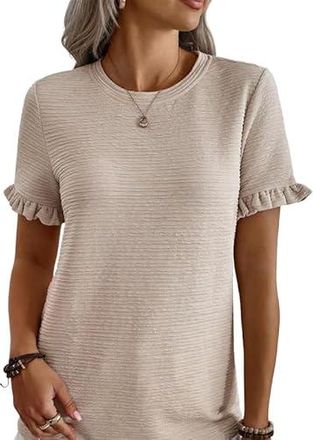 Generic T-shirt d&eacute;t&eacute; europ&eacute;en et am&eacute;ricain &agrave; manches champignons pour femmes, couleur unie, col rond, 2, XL