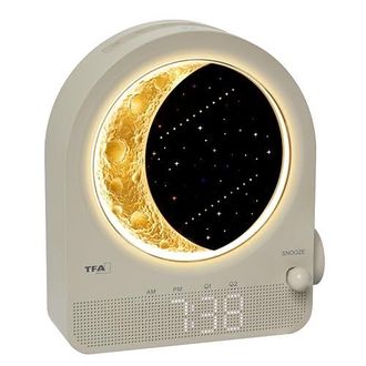 TFA Dostmann Lichtwecker Digital mit Mondlampe, Nachtlicht, Nachttischlampe, White-Noise, Naturger&auml;usche, Einschlafhilfe, 2 Alarme, 60.2053, Hellgrau, Beige