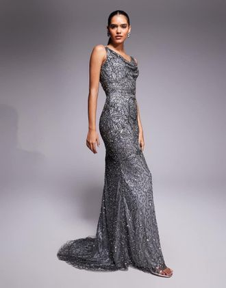 Beauut Robe caraco longue orn&eacute;e de perles &agrave; col b&eacute;nitier - Anthracite-Gris