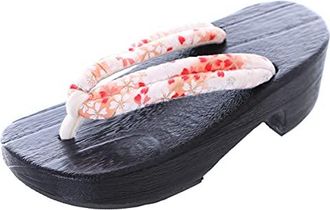 Kawaii-Story K-G-61-4 Sandales japonaises en bois noir avec motif floral blanc rouge et fleurs, multicolore, 40 EU