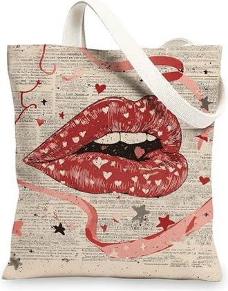 Generic Artistic Lips Sac fourre-tout en toile, motif coeur vintage, sac dépicerie réutilisable, léger et lavable à bandoulière pour Sho, beige, 13x15 Inch