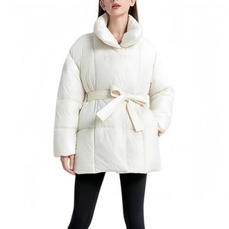 Generic Vestes dhiver pour femmes, manteaux chauds &agrave; bulles mi-longues, doudounes fa&ccedil;onnant la taille, vestes longues pour femmes tendance, blanc, XL