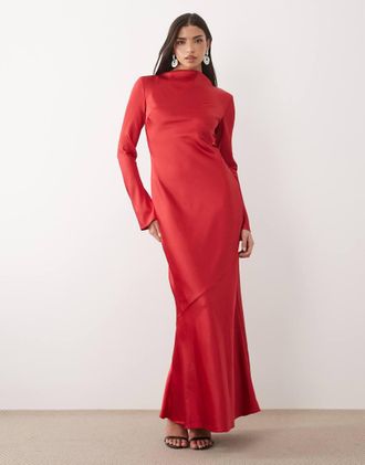 Daska Robe longue satin&eacute;e en biais avec manches longues et surpiq&ucirc;res - Rouge-Bleu