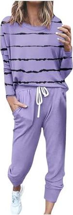 Generic Ensemble d&eacute;contract&eacute; pour femme - Haut doux &agrave; col rond et jogging &agrave; cordon de serrage | Pyjama et v&ecirc;tements dint&eacute;rieur dinspiration vintage 2 pi&egrave;ces, 