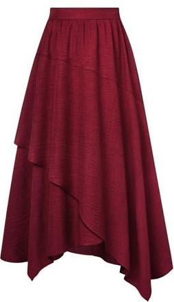 Belle Poque Jupe trapèze vintage pour femme, taille haute élastique, ourlet asymétrique, jupes longues fluides avec poches, bordeaux, XL