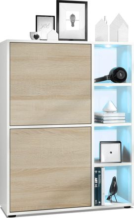 Vladon Highboard Schrank Anrichte Cuba mit 8 F&auml;chern, Made in Germany, Korpus in Wei&szlig; matt/Fronten in Eiche s&auml;gerau, mit RGB LED Beleuchtung