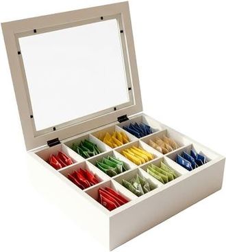 Relaxdays Teebox, 12 F&auml;cher, Bambus, Teebeutel Aufbewahrung, Teekiste mit Sichtfenster, HxBxT: 8 x 28 x 23 cm, wei&szlig;