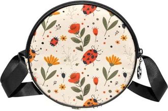 Generic Sac &agrave; bandouli&egrave;re rond pour femme, motif coccinelles, fleurs, petit sac &agrave; bandouli&egrave;re avec fermeture &eacute;clair, bretelles r&eacute;glables, sac &agrave; main rond d&eacute;co