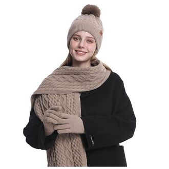 Generic Ensemble bonnet, &eacute;charpe, gants pour femmes, ensemble bonnet dhiver doubl&eacute; en polaire avec longue &eacute;charpe tricot&eacute;e, gants tactiles pour temps froid, k