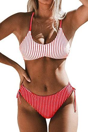 Cupshe Femme Bikini La&ccedil;age &agrave; Rayures et &agrave; Lani&egrave;res Marine et Blanc Maillots de Bain 2 Pi&egrave;ces Rouge L