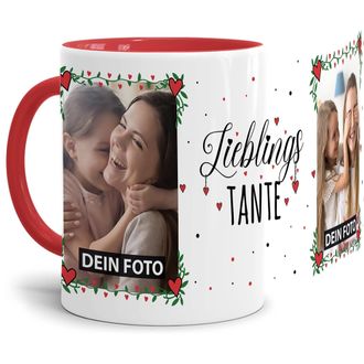 Tassendruck Tasse - Lieblings-Tante - zum selbst Gestalten mit zwei Fotos - Fototasse f&uuml;r die Tante - Keramik, Innen & Henkel Rot, 300 ml