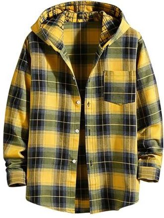 Generic Chemise &agrave; carreaux boutonn&eacute;e pour homme avec cordon de serrage - Sweat &agrave; capuche d&eacute;contract&eacute; &agrave; manches longues avec poche pour un usage quotidien athl