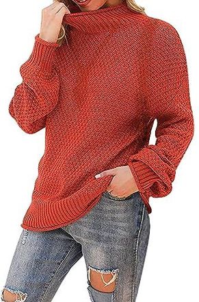 Generic Pull &eacute;pais en coton pour femme, pull de couleur pure, pull d&eacute;contract&eacute; en tricot confortable &agrave; manches longues pour lautomne et lhiver, tunique ample 