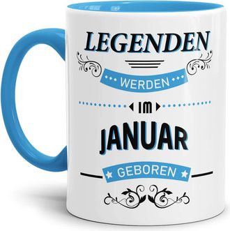 Tassendruck Geburtstags-Tasse Legenden Werden im Januar geboren Innen & Henkel Hellblau - Kaffee-Tasse/Mug/Cup/Becher/Fun/Geschenk-Idee/Geburts-Jahr/Geschenk zum 