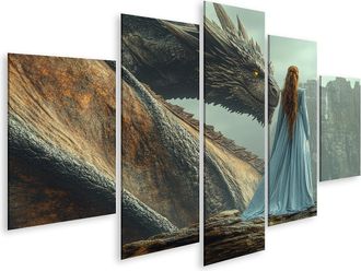 Islandburner Bild auf Leinwand Begegnung zwischen Drache und Frau in mystischer Landschaft für Wohnzimmer Fantasy-Liebhaber Buchhandlung Bilder Wandbilder Poster